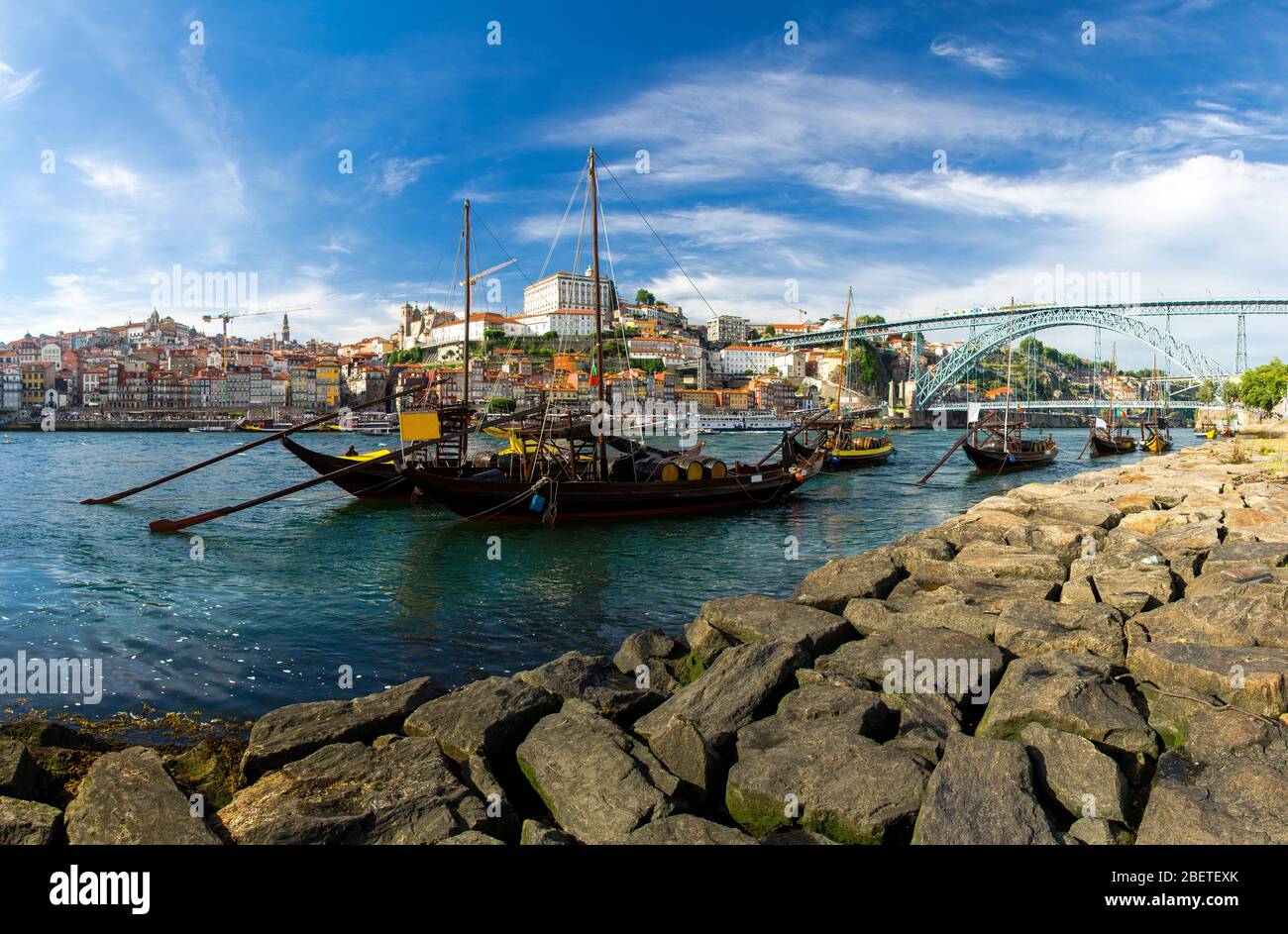 Portugal, colorful city landscape Porto, wooden boats with wine port ...