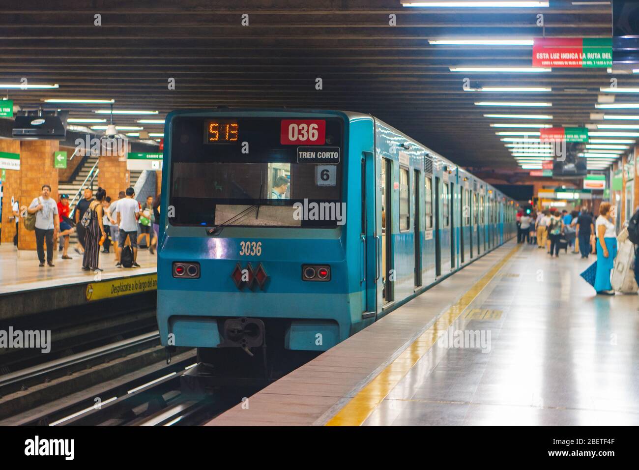 SANTIAGO, CHILE - NOVEMBER 2019: A Metro de Santiago train at Santa Ana ...