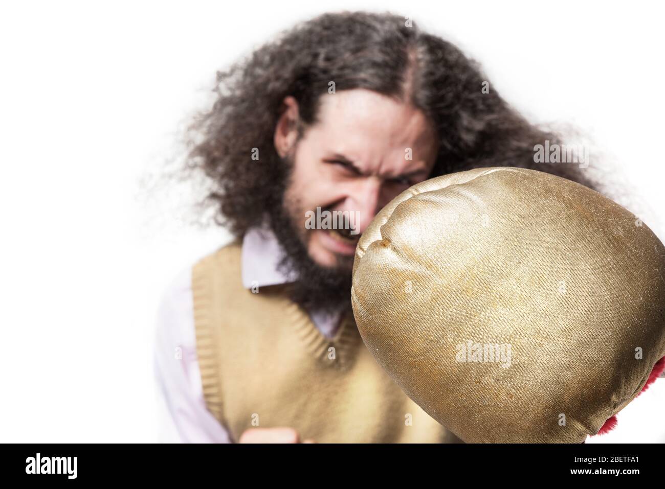 Portrait of a skinny geek punching with a boxing glove Stock Photo - Alamy