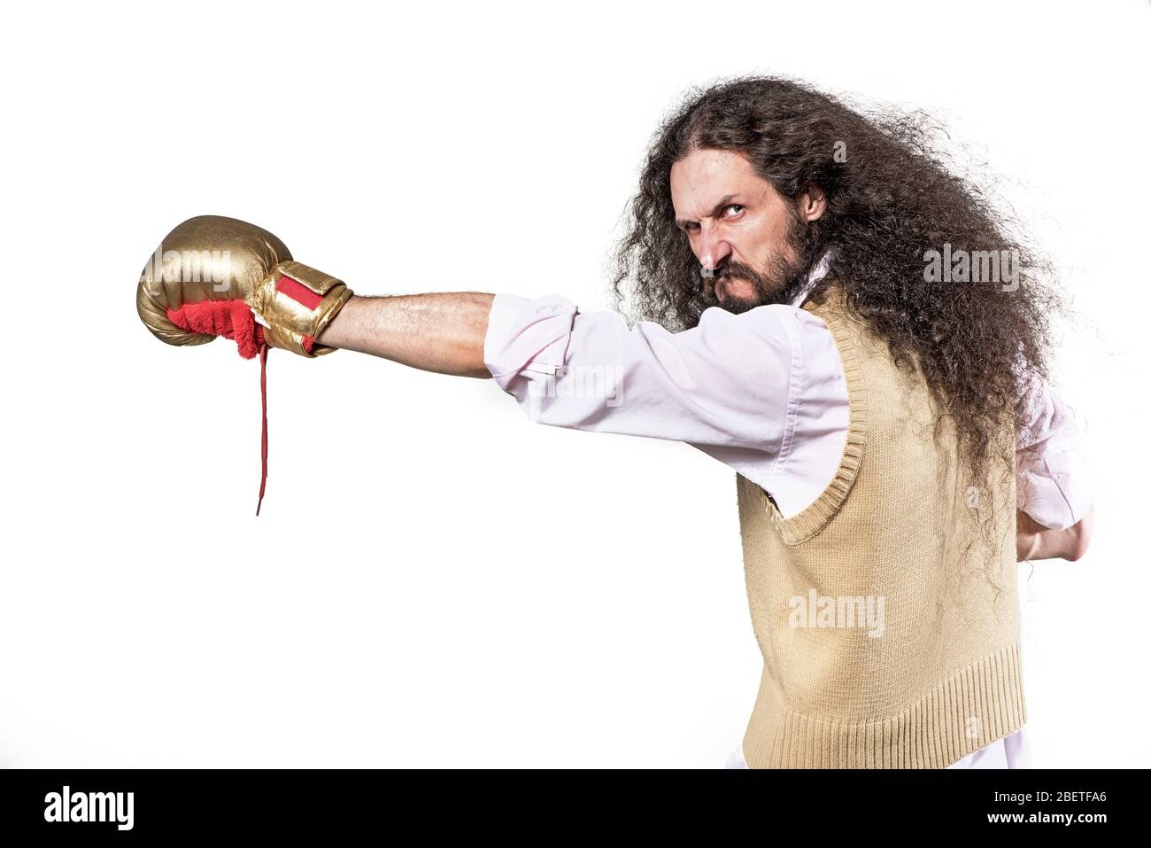 Portrait of a skinny geek punching with a boxing glove Stock Photo - Alamy