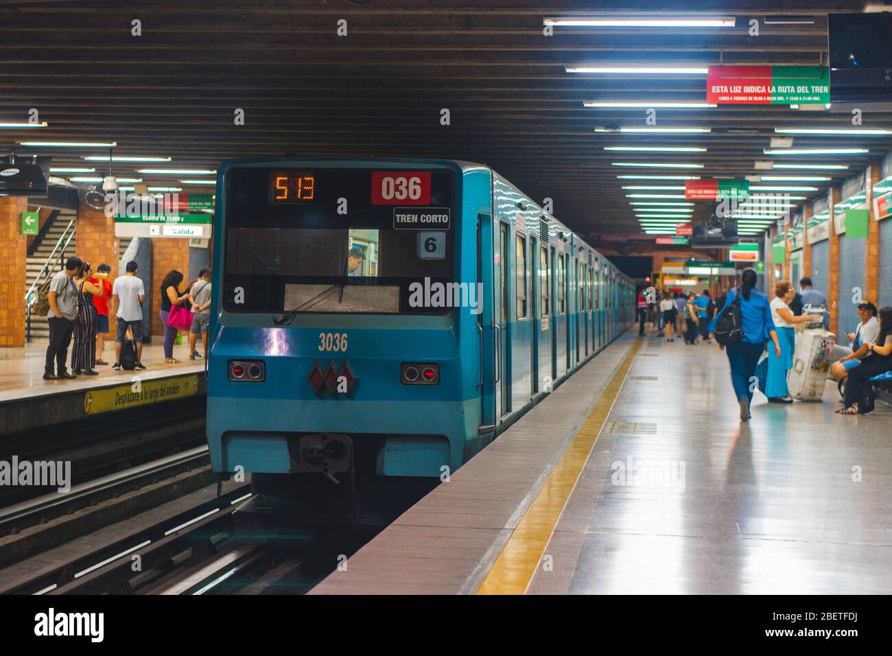 SANTIAGO, CHILE - NOVEMBER 2019: A Metro de Santiago train at Santa Ana ...