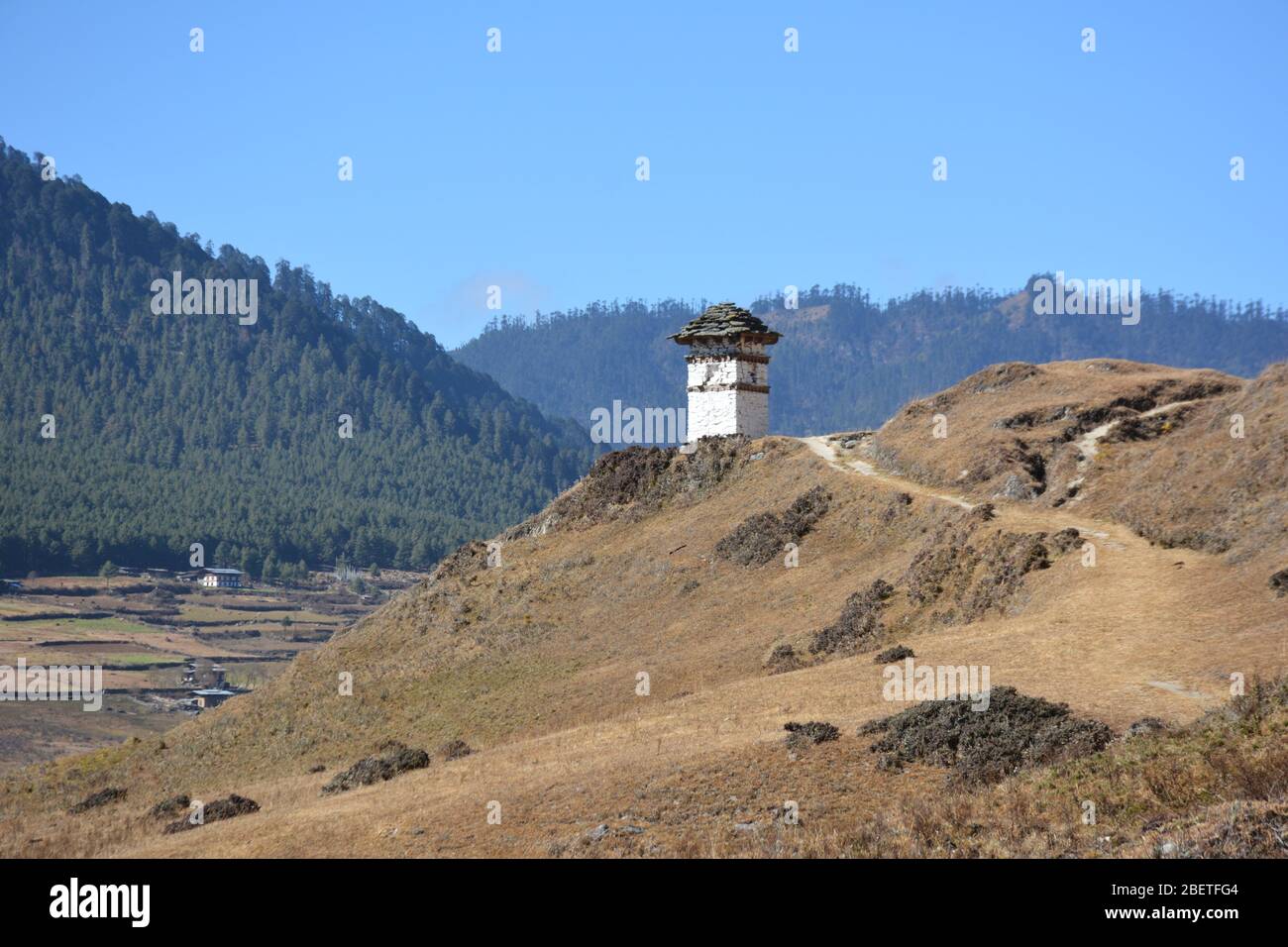 Buddhist stupa amid the landscape of the Phobjikha Valley, Bhutan Stock ...