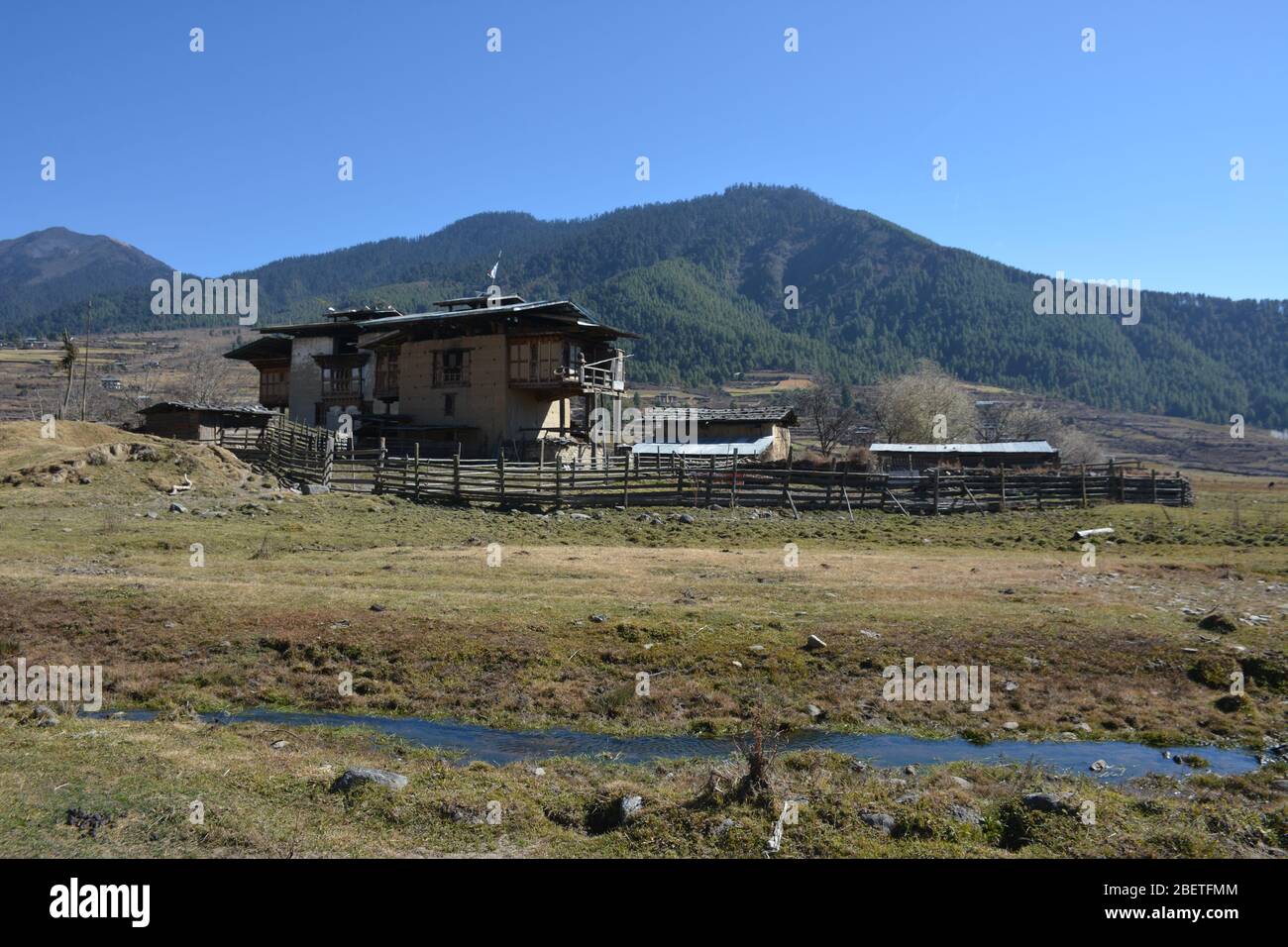 Working farmhouse in the Phobjikha Valley, Tibetan Plateau, Bhutan ...