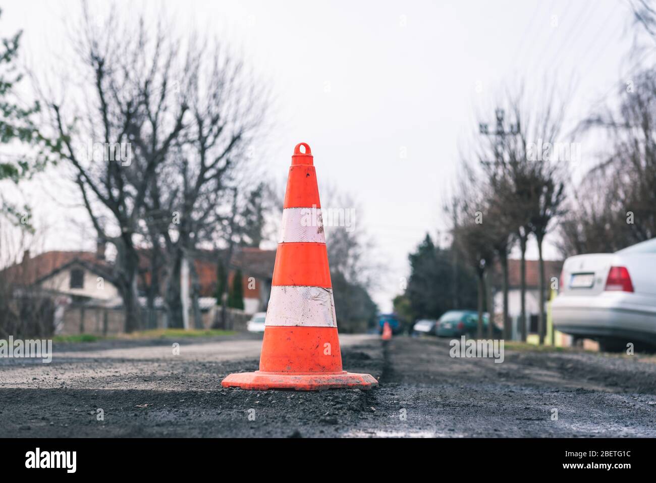 road reconstruction and warning signs for vehicles and pedestrians ...