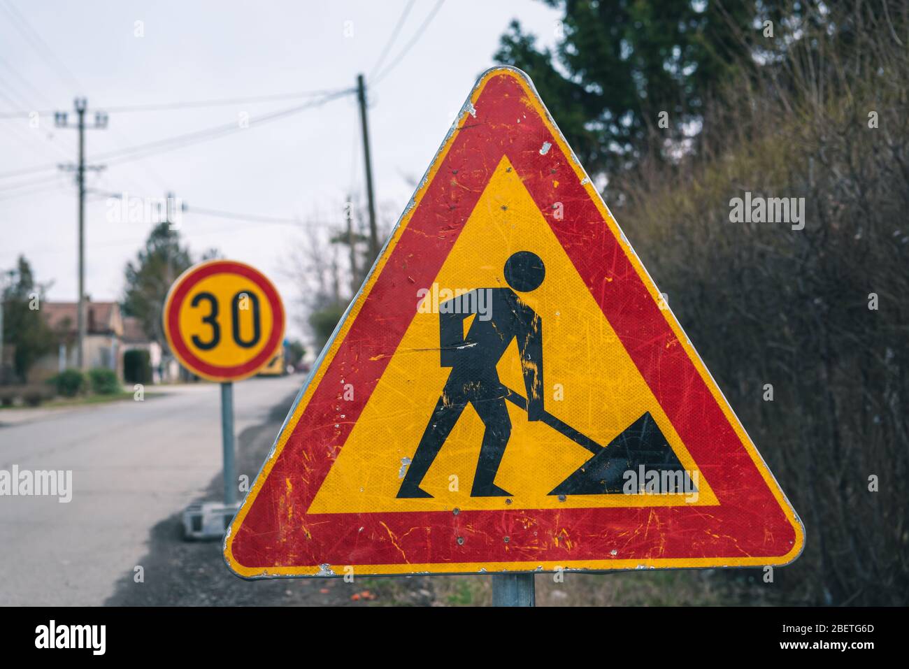 road reconstruction and warning signs for vehicles and pedestrians ...