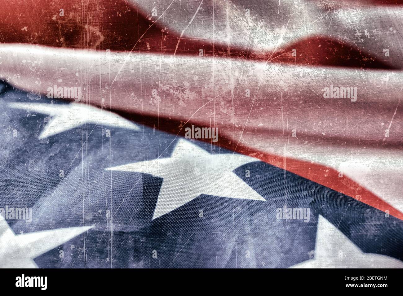 Detail of the weathered, grungy American flag with scratches and stains ...