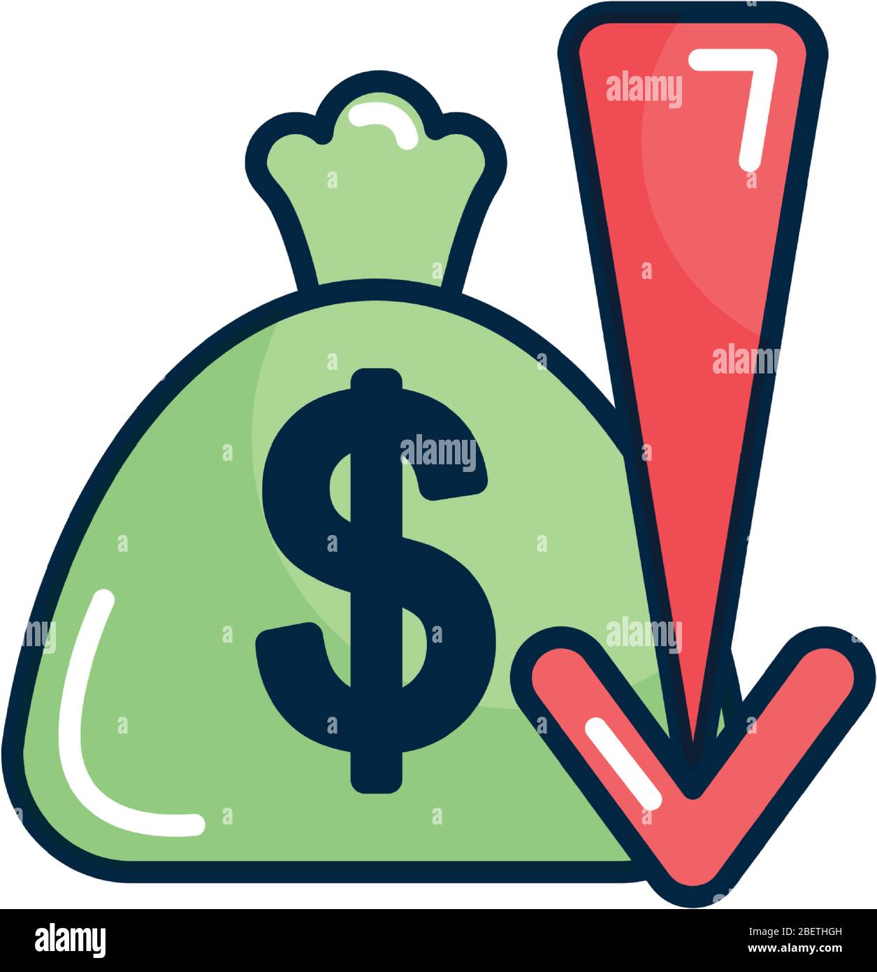 economic recession concept, money bag and arrow down icon over white ...