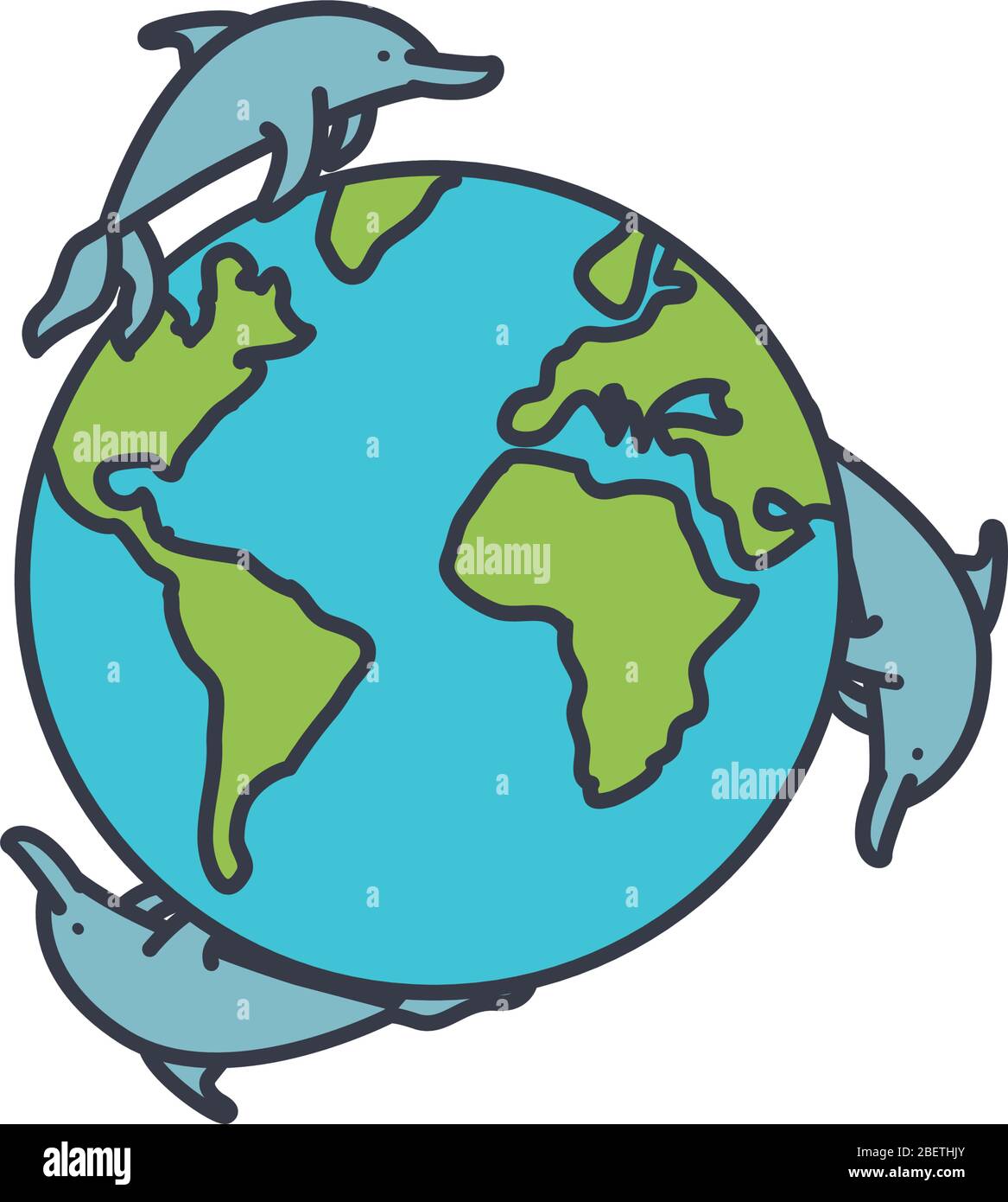 dolphins jumping around the earth planet over white background, fill ...