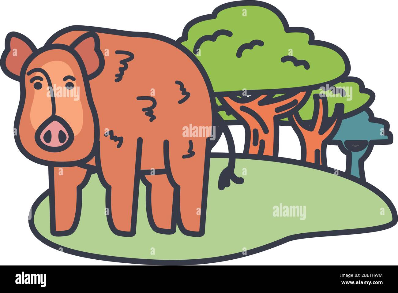 pig and trees around icon over white background, fill style, vector ...