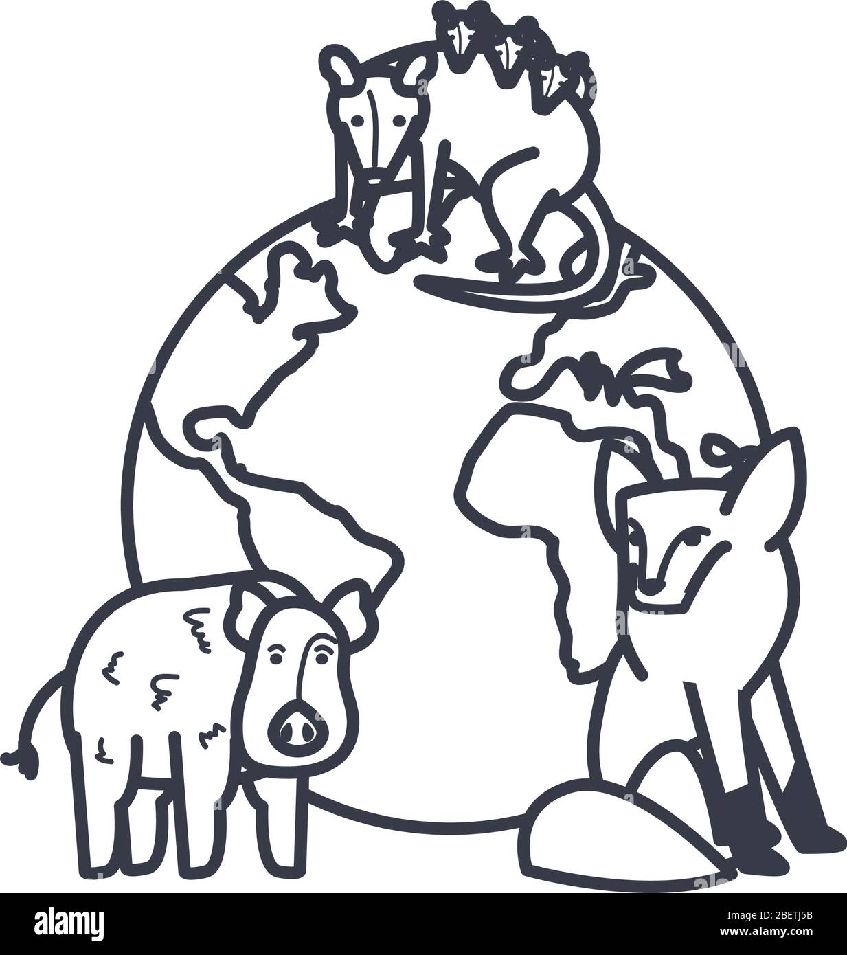 earth planet with animals around over white background, line style ...