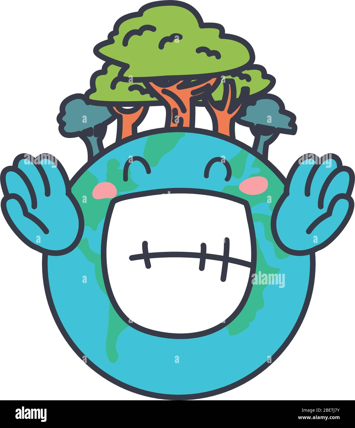 cartoon happy earth planet with trees icon over white background, fill ...