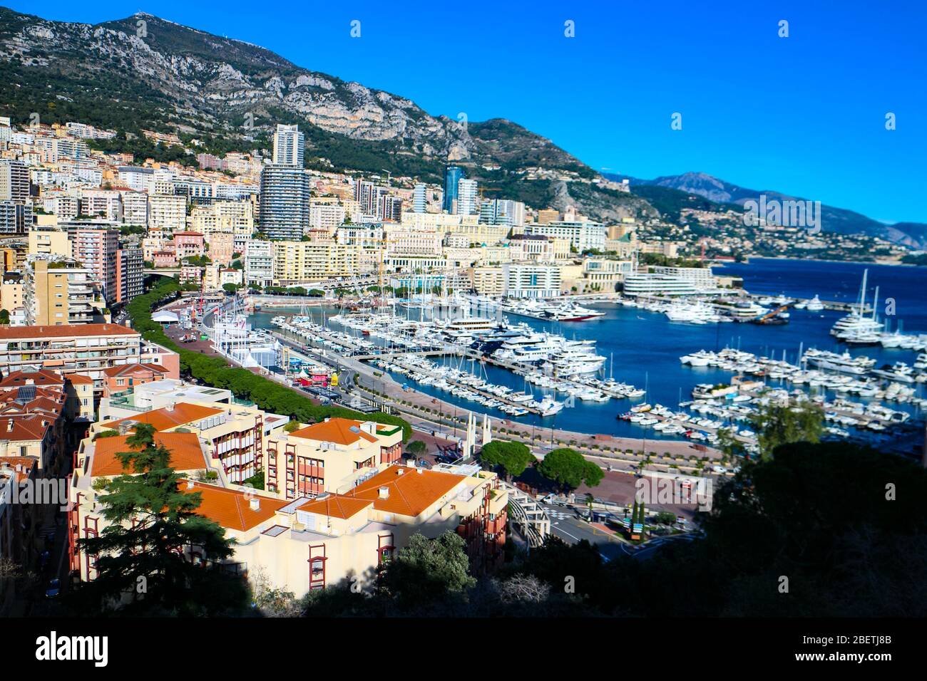 View over Monte Carlo harbor and the Mediterranean coast of the French ...