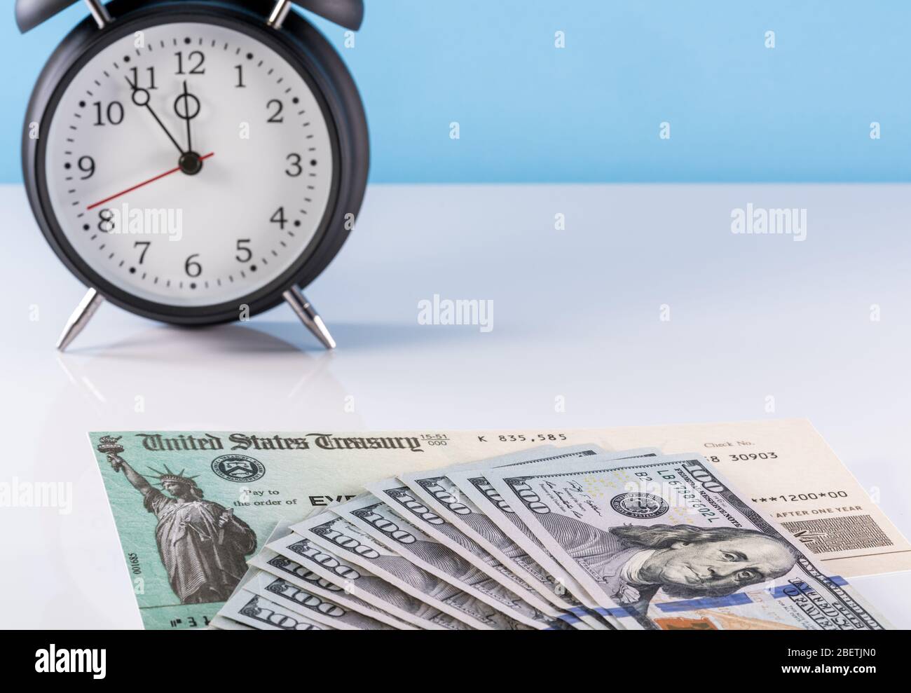 Stack of 100 dollar bills with illustrative coronavirus stimulus ...