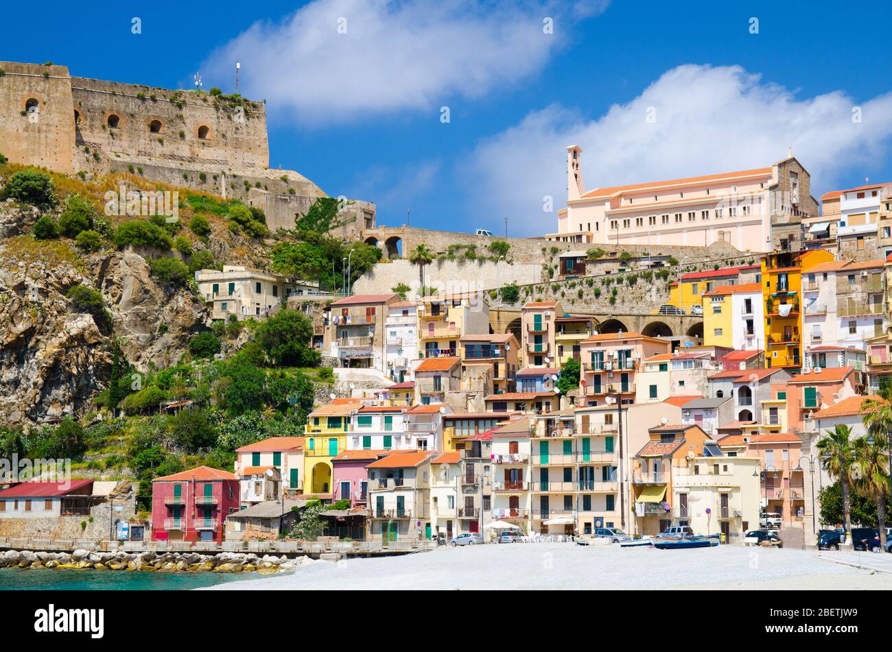 Beautiful seaside town village Scilla with old medieval castle on rock ...
