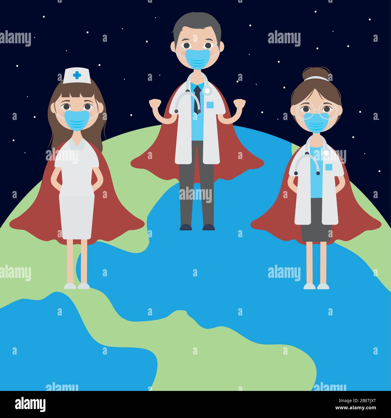 cartoon hero doctors with cloacks over earth planet background ...
