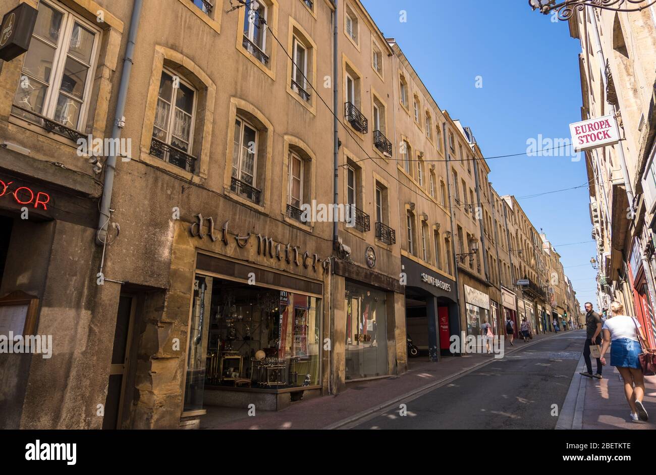 Metz, France - August 31, 2019: A shopping street with old residential ...