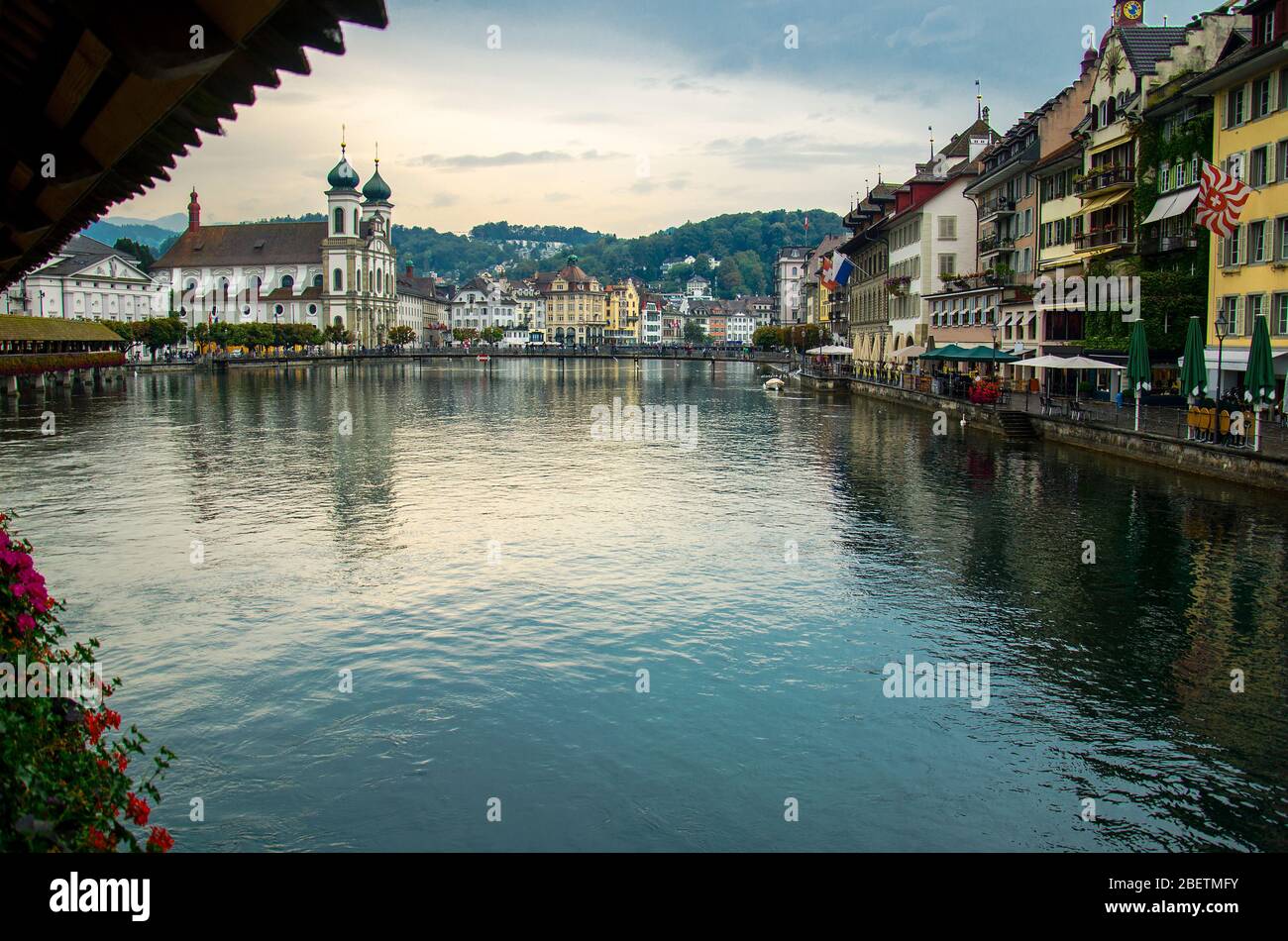 View of the historic city center of Luzern and Reuss river from famous ...