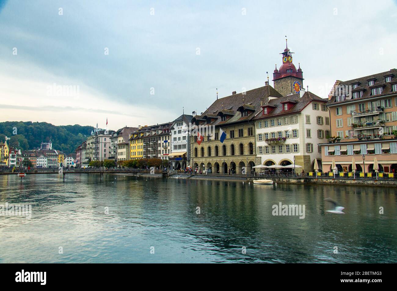 View of the historic city center of Luzern and Reuss river from famous ...