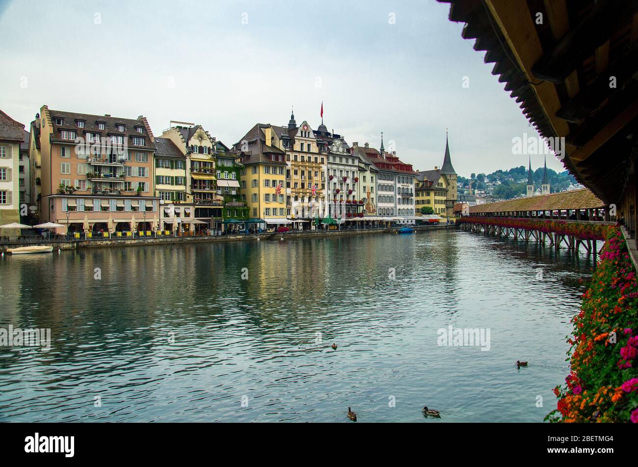 View of the historic city center of Luzern and Reuss river from famous ...