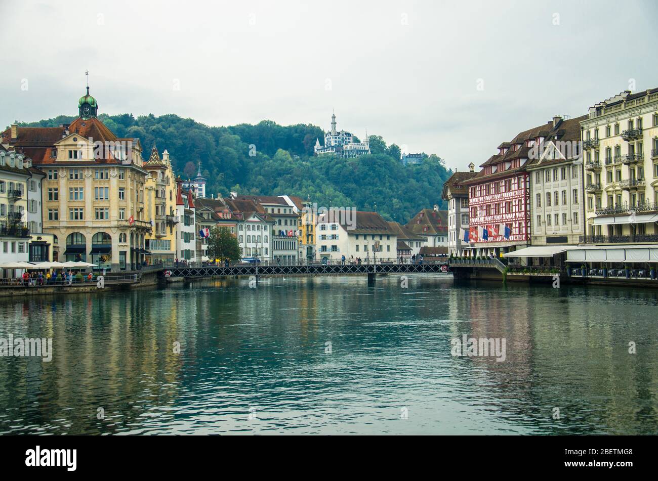 View of the historic city center of Luzern and Reuss river from famous ...
