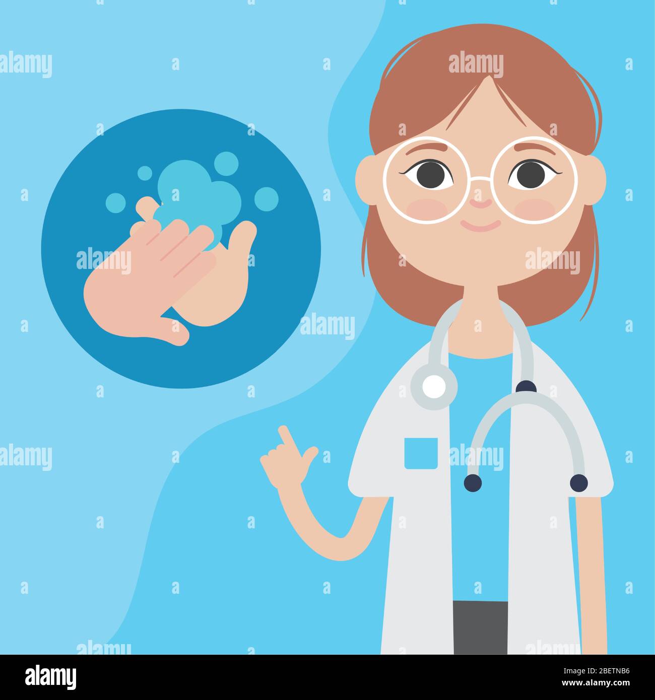 cartoon doctor woman showing the importance of handwashing over blue ...