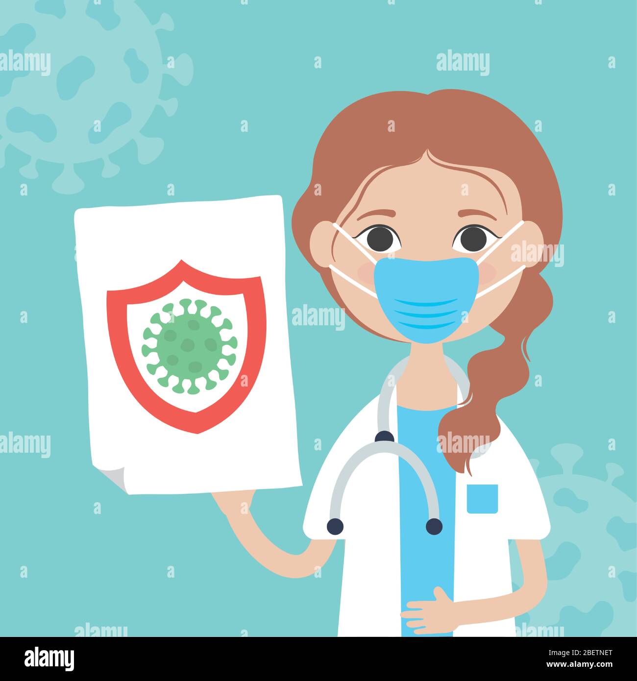 cartoon doctor man with billboard with shield and coronavirus symbol ...
