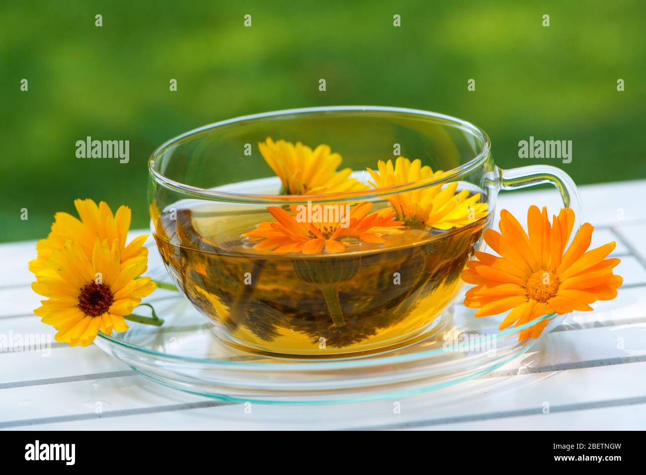 Calendula tea with calendula flowers Stock Photo - Alamy