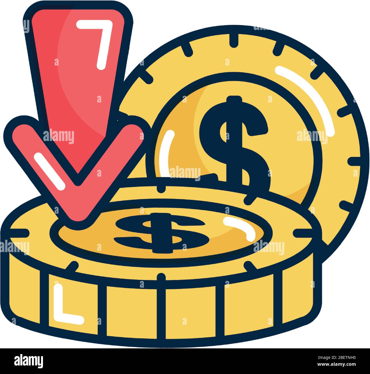 economic recession concept, money coins and arrow over white background ...