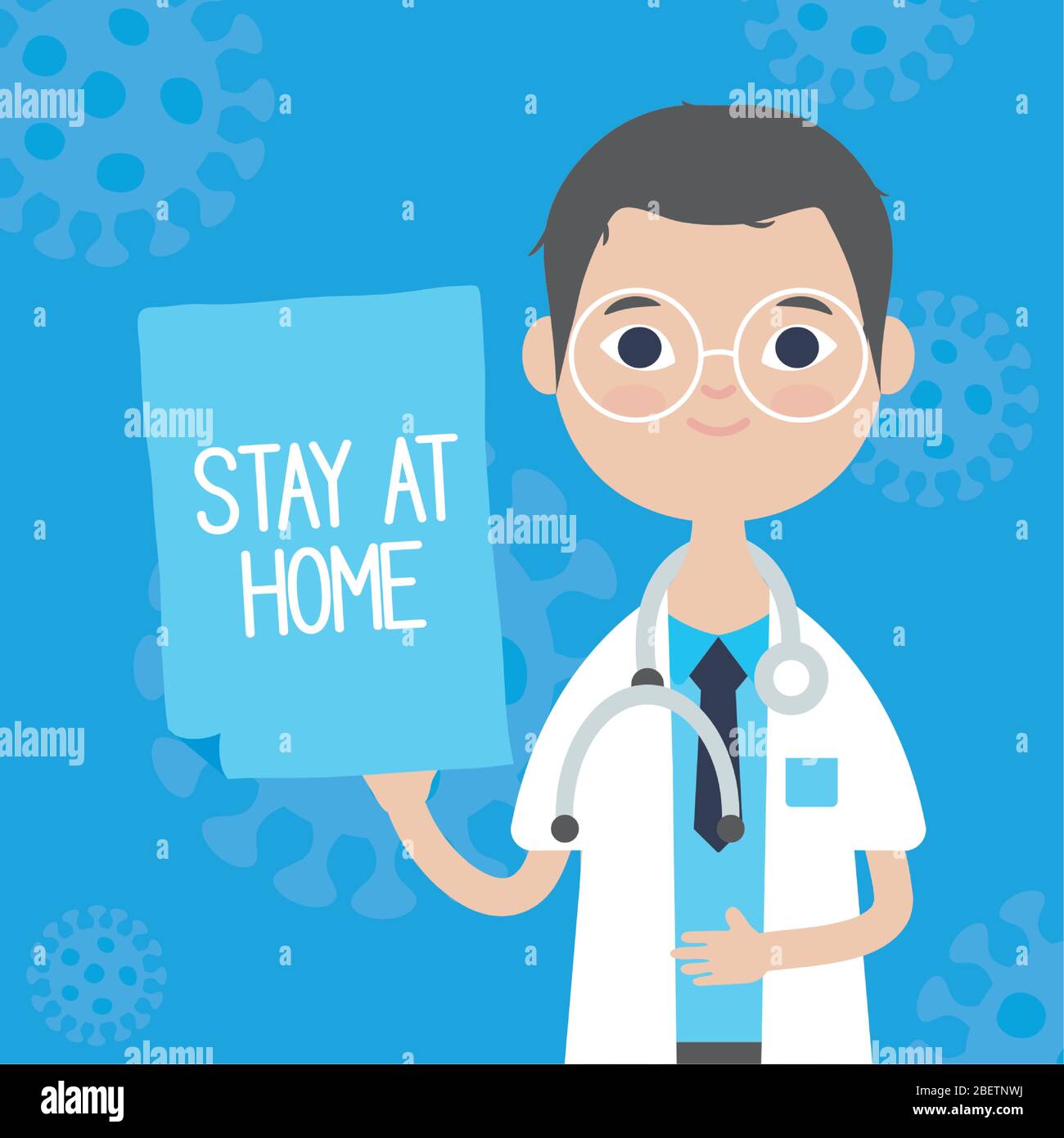 cartoon doctor man with billboard with stay home concept over blue ...