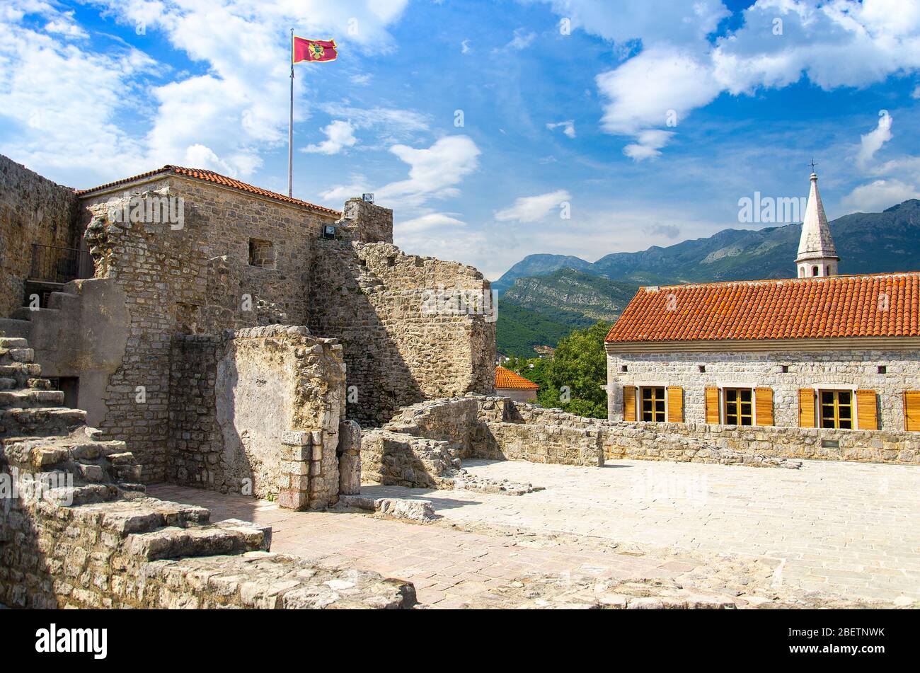 Stone citadel fortress in Old town Budva with view of medieval ...