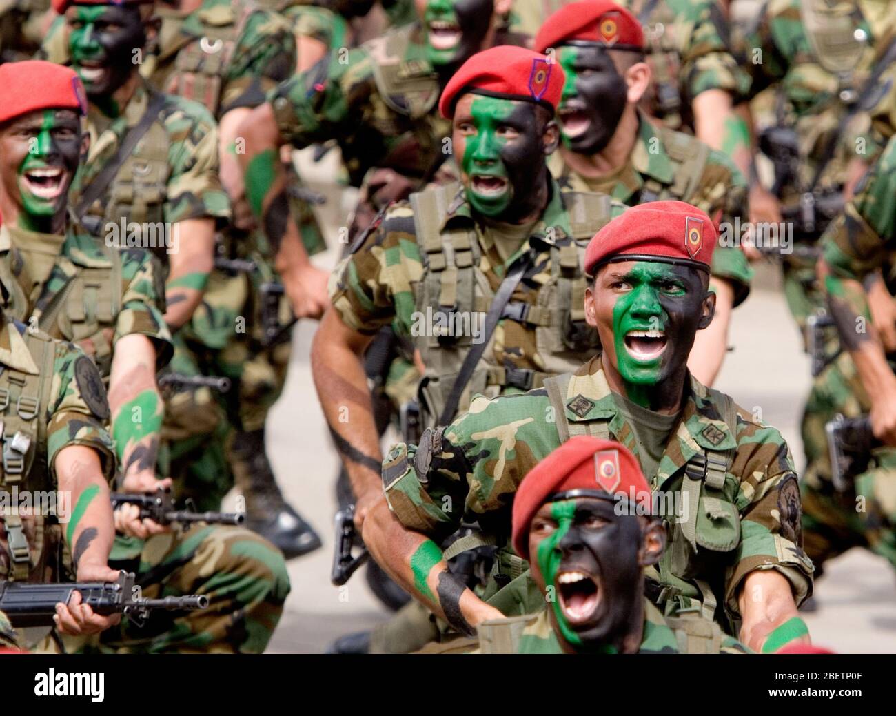 Venezuelan soldiers of the 42nd brigade of parachuters march during a ...