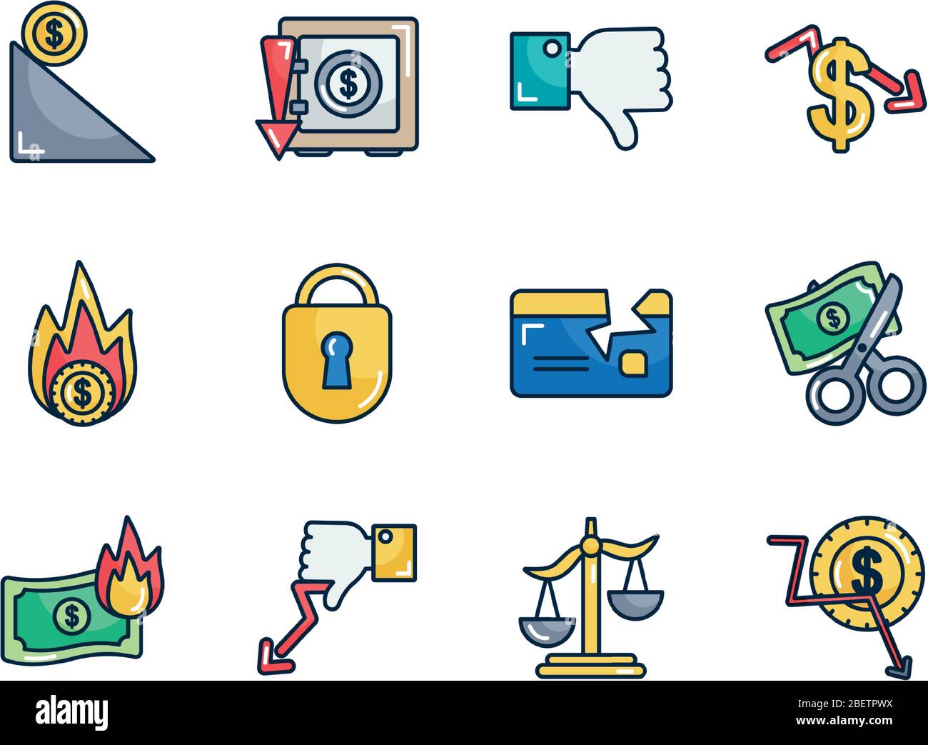 padlock and economic recession icon set over white background, line ...