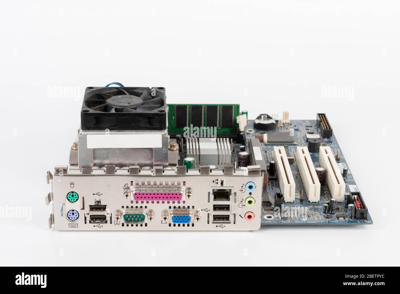 Close up of ports of computer motherboard, isolated on white background ...