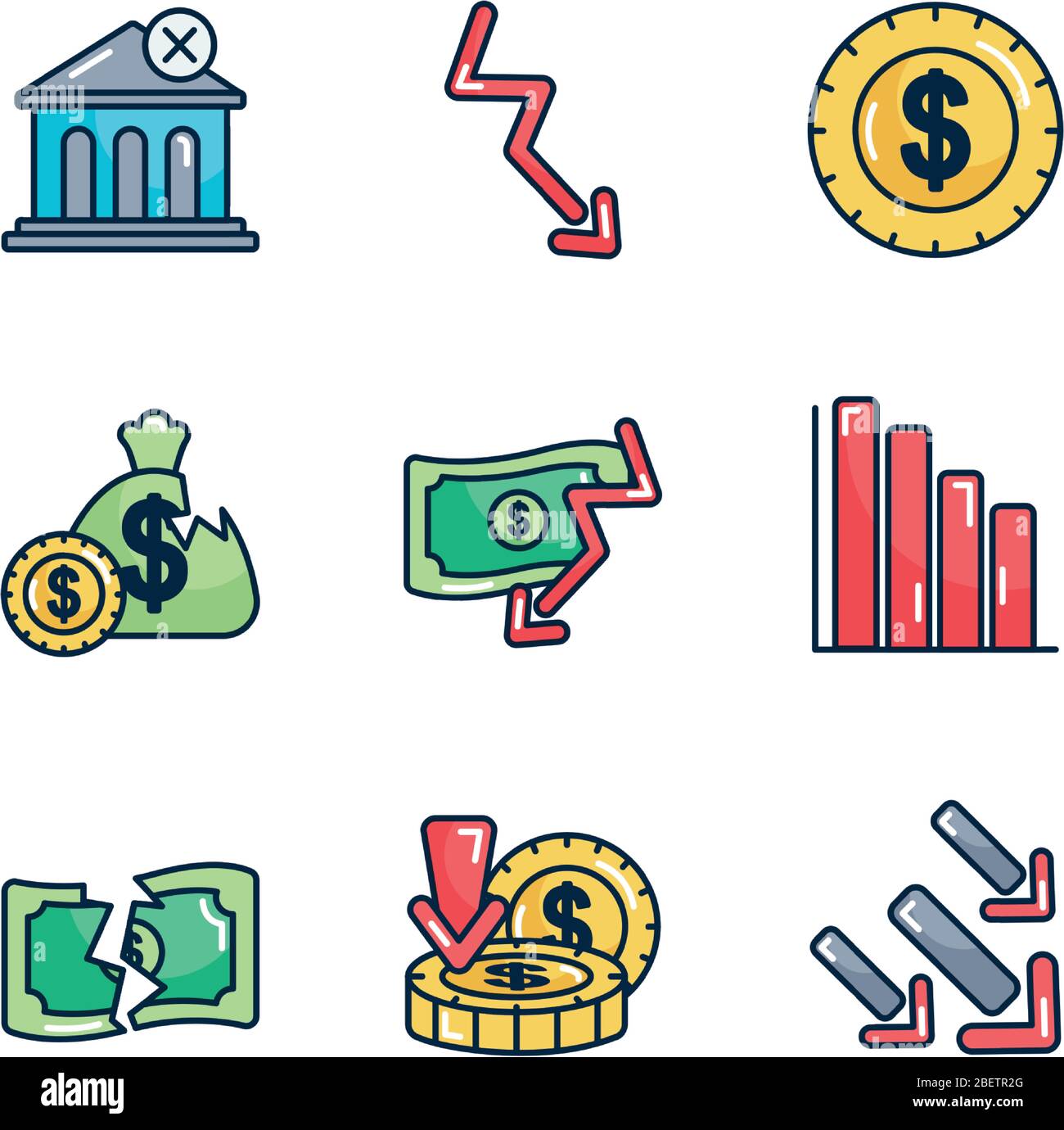 bank and economic recession icon set over white background, line color ...