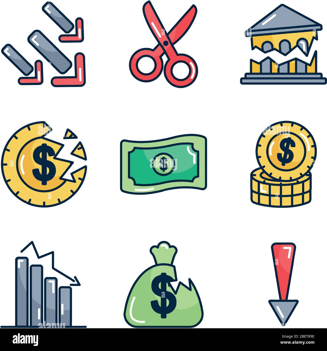 money and financial broke icon set over white background, line color ...