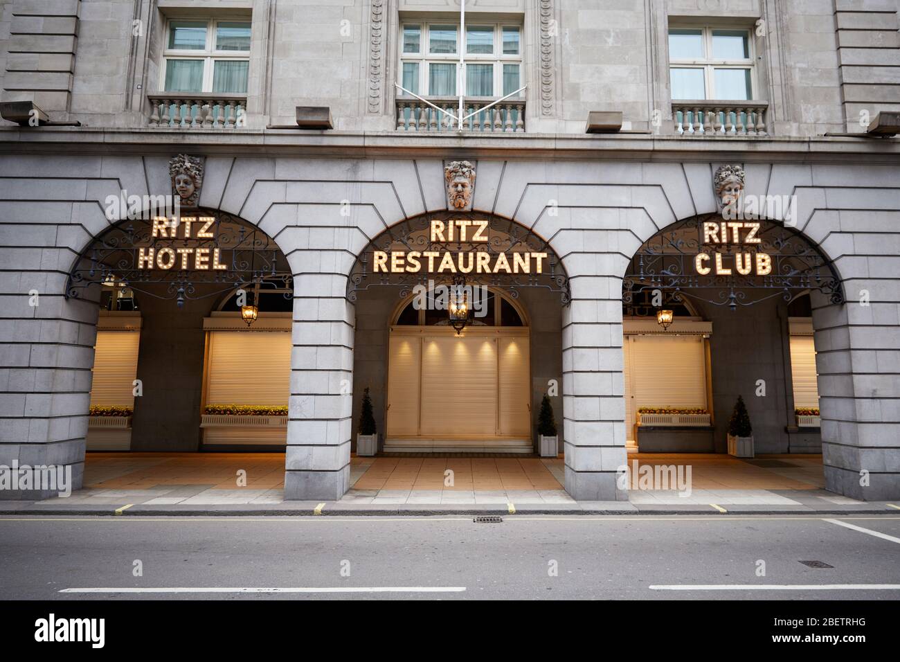 London, U.K. - 13 Apr 2020: The front entrance of the Ritz Hotel on ...