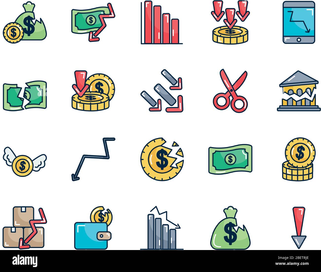 financial arrows and economic recession icon set over white background ...
