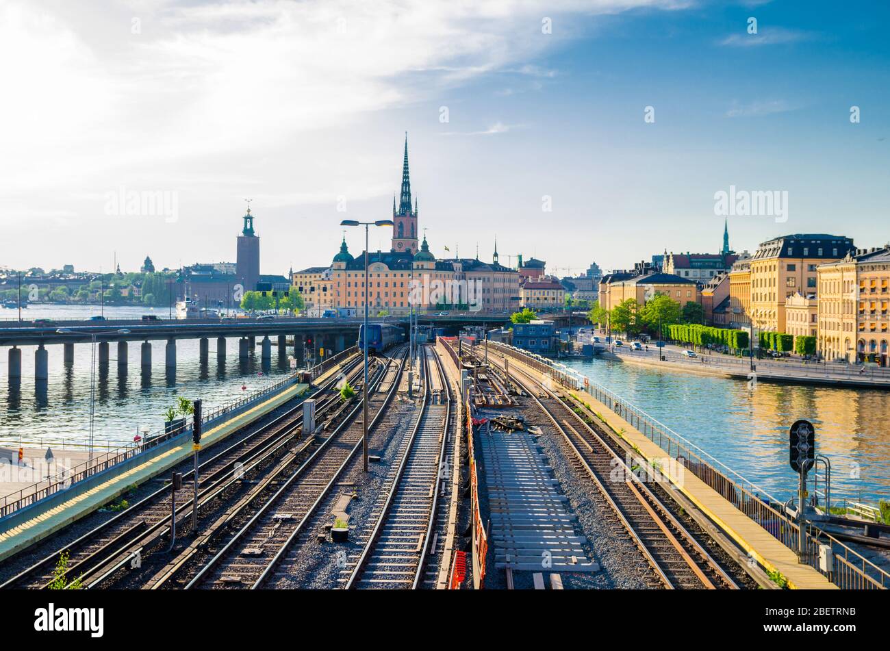 Stockholm railway subway tracks and trains over water of Lake Malaren ...