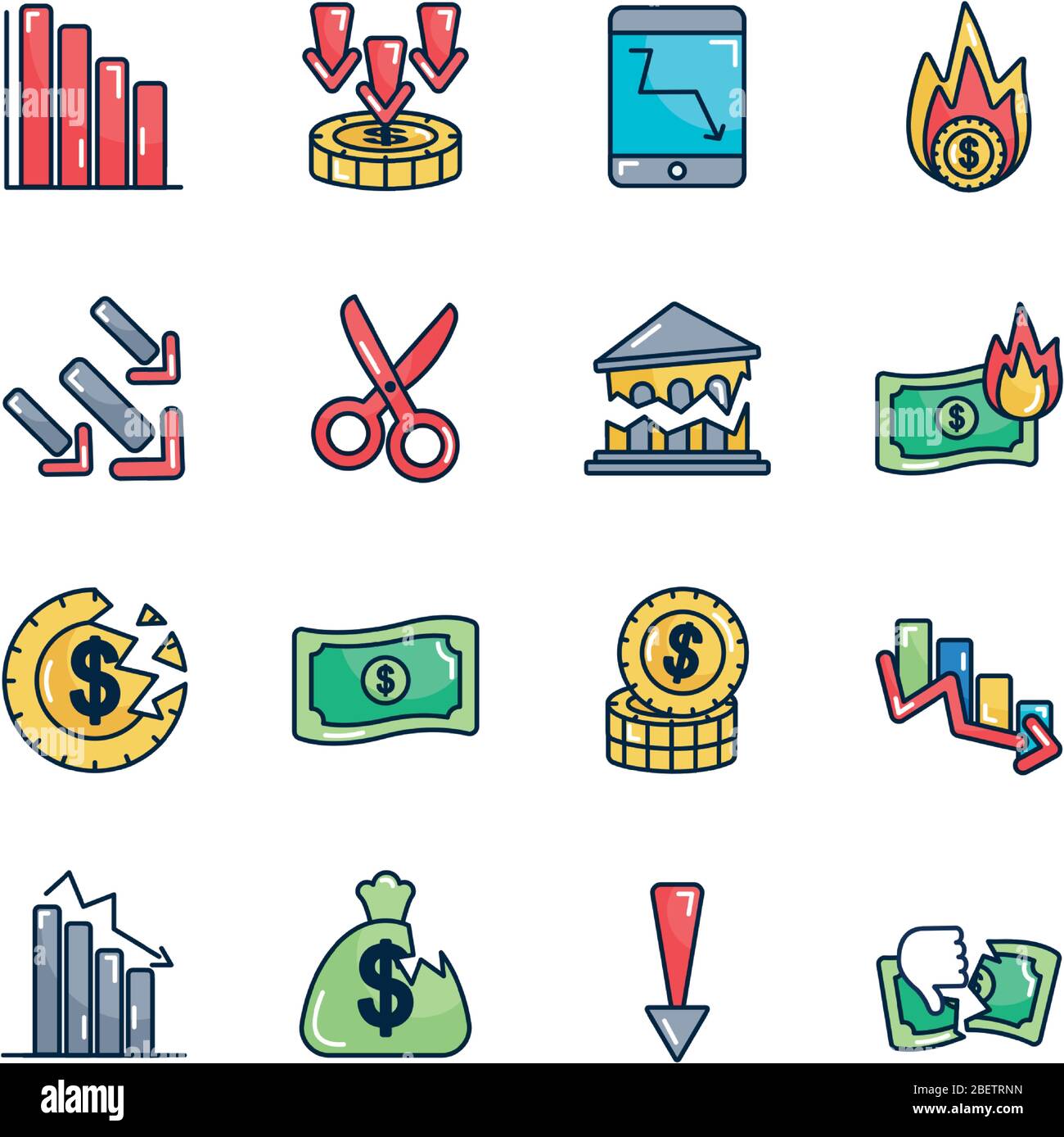 graphic charts and economic recession icon set over white background ...
