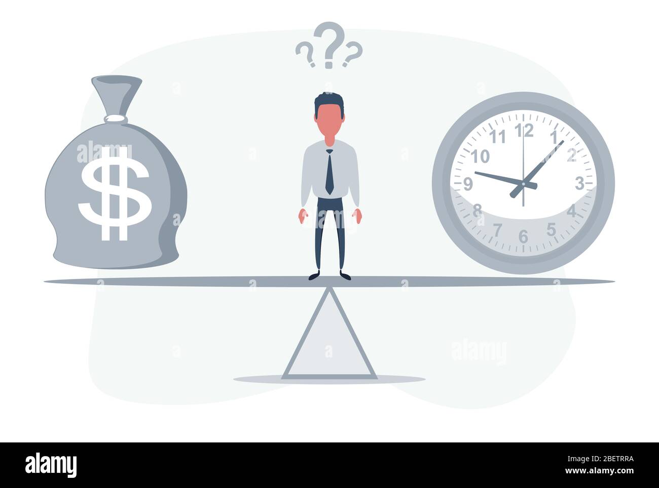 Businessman standing on seesaw between clock and bag with dollar symbol ...