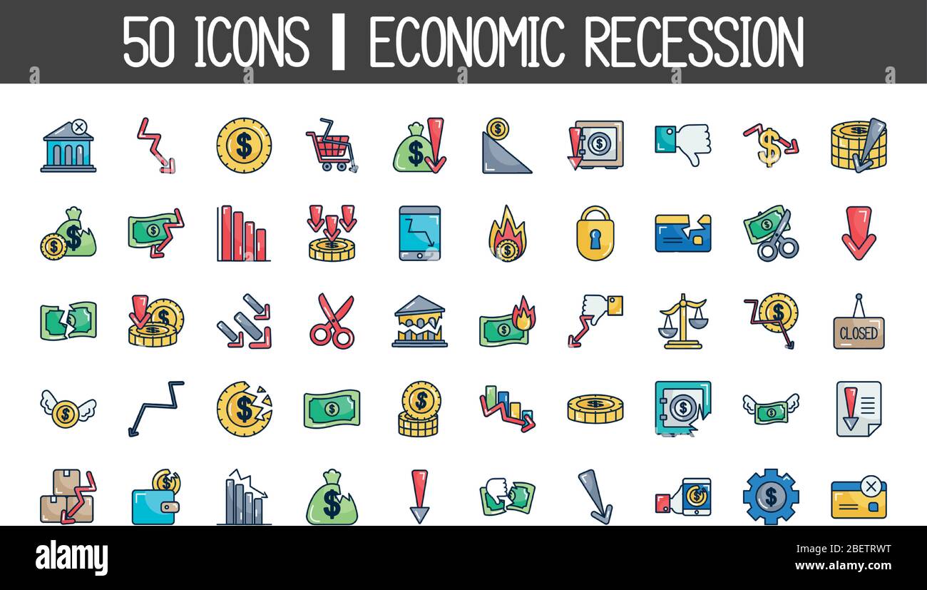 Economic recession icon set over white background, line color style ...