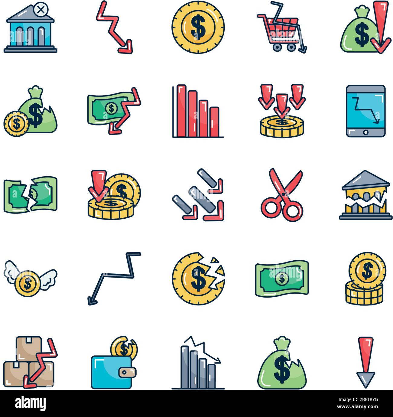 money items and financial broke icon set over white background, line ...