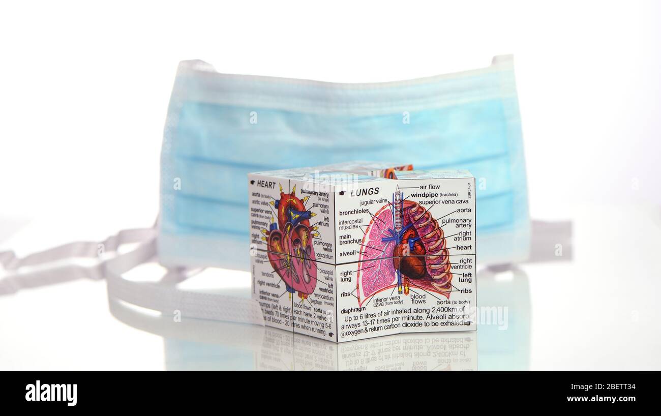 A surgical mask photographed alongside a cube medical diagram of the ...