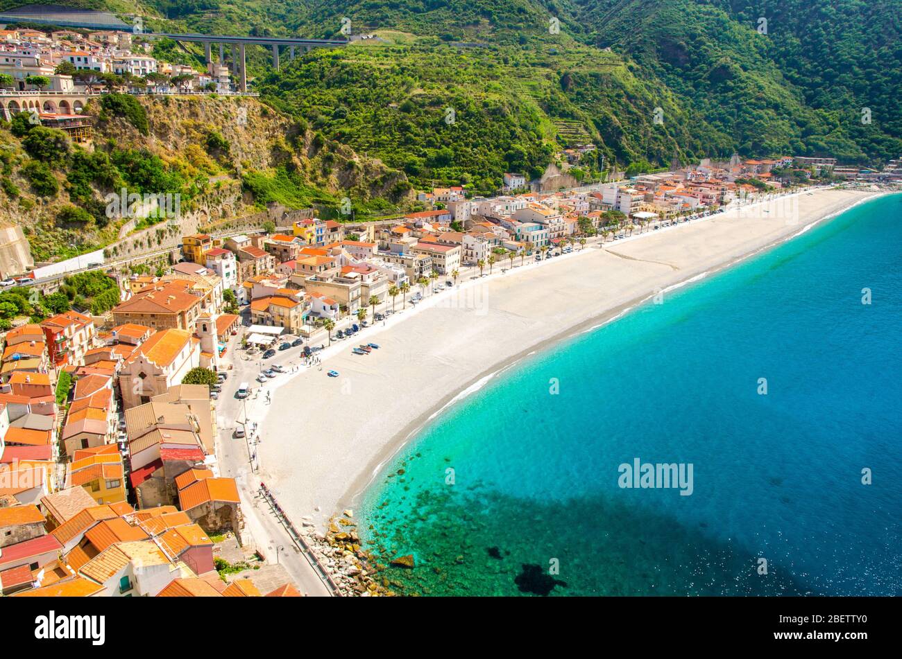 Aerial top view of sandy beach of Tyrrhenian sea bay gulf coast shore ...