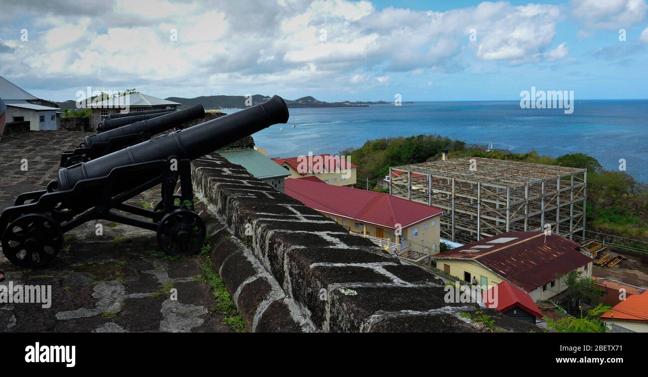 Panoramic view of the cannons aiming the sea at Fort Rodney, Pigeon ...