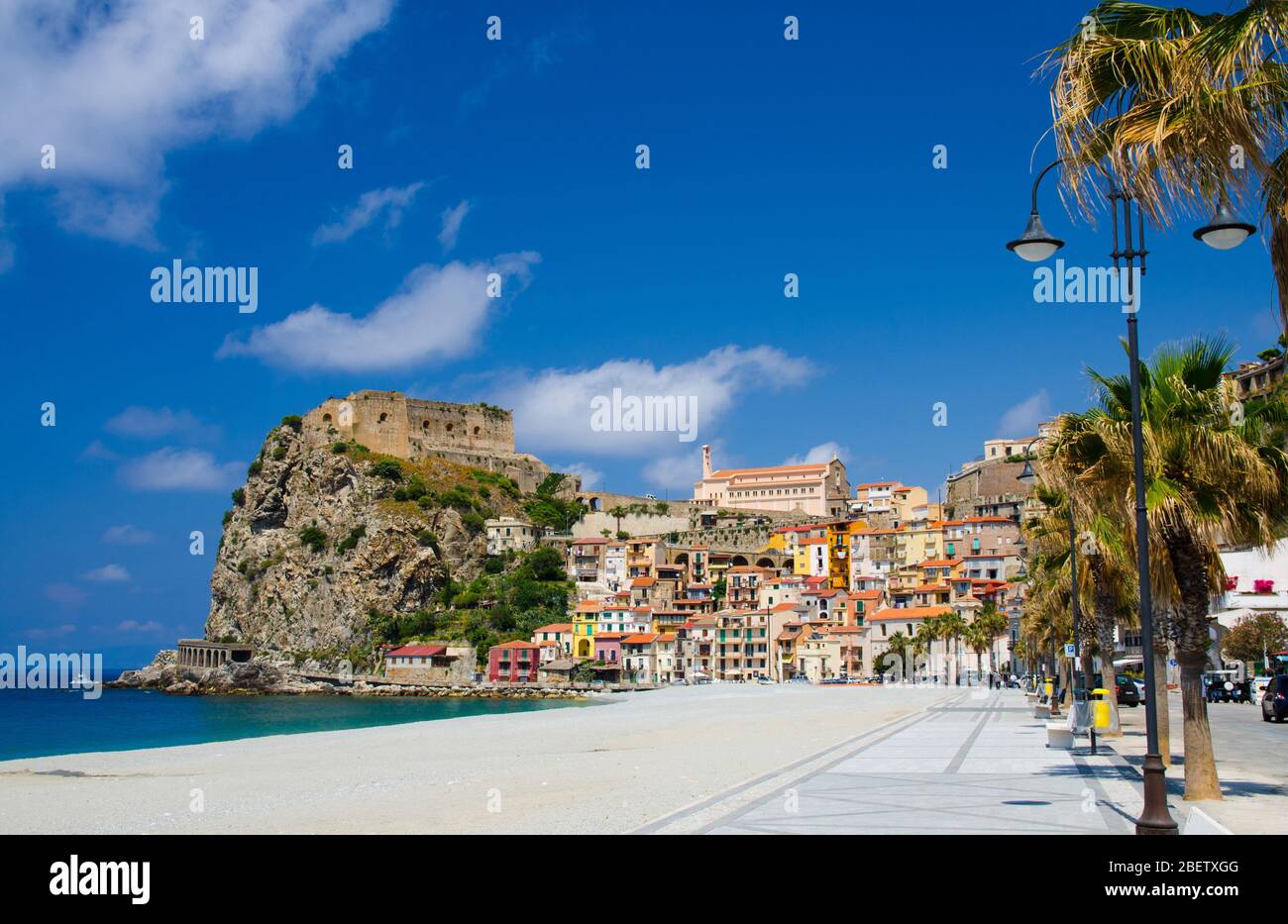 Beautiful seaside town village Scilla with old medieval castle on rock ...