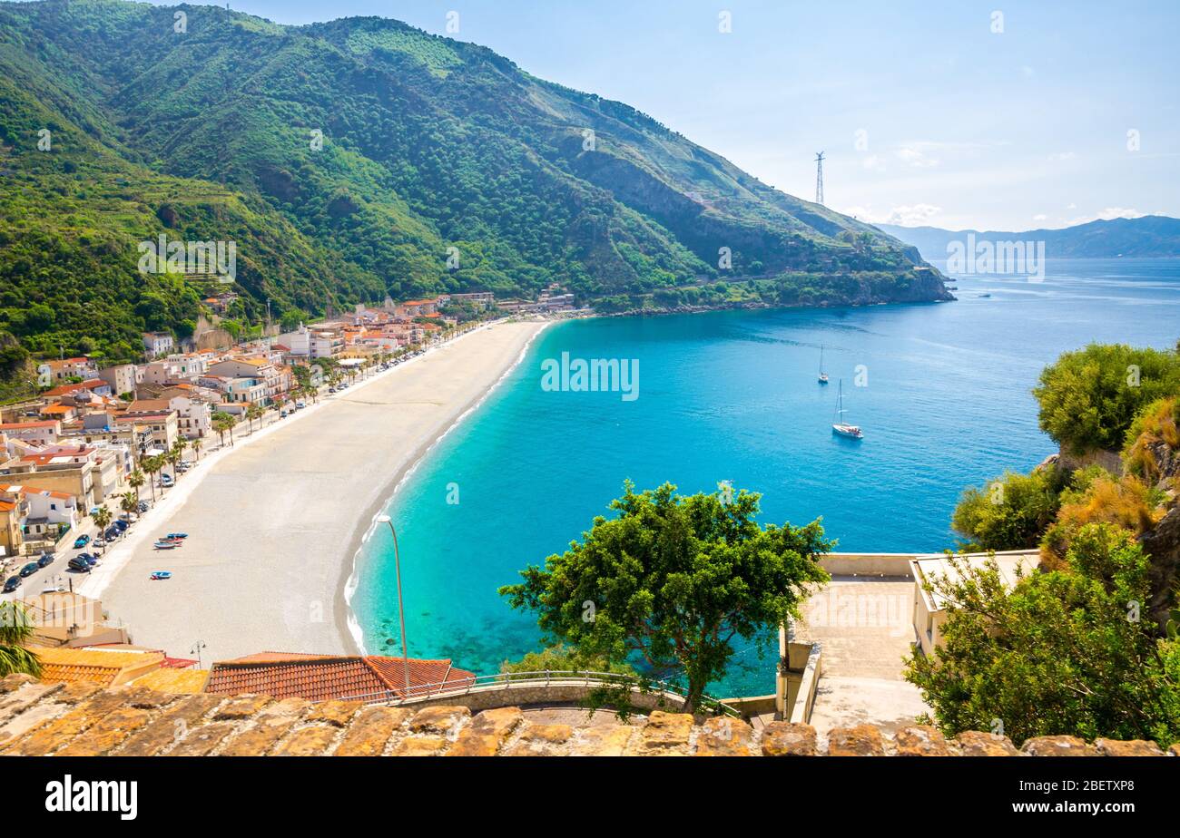 Aerial top view of sandy beach of Tyrrhenian sea bay gulf coast shore ...
