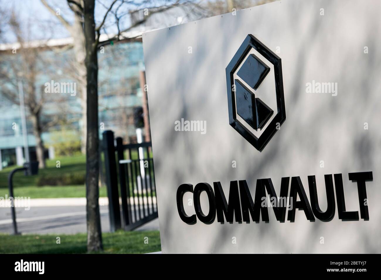 A logo sign outside of the headquarters of Commvault in Tinton Falls ...
