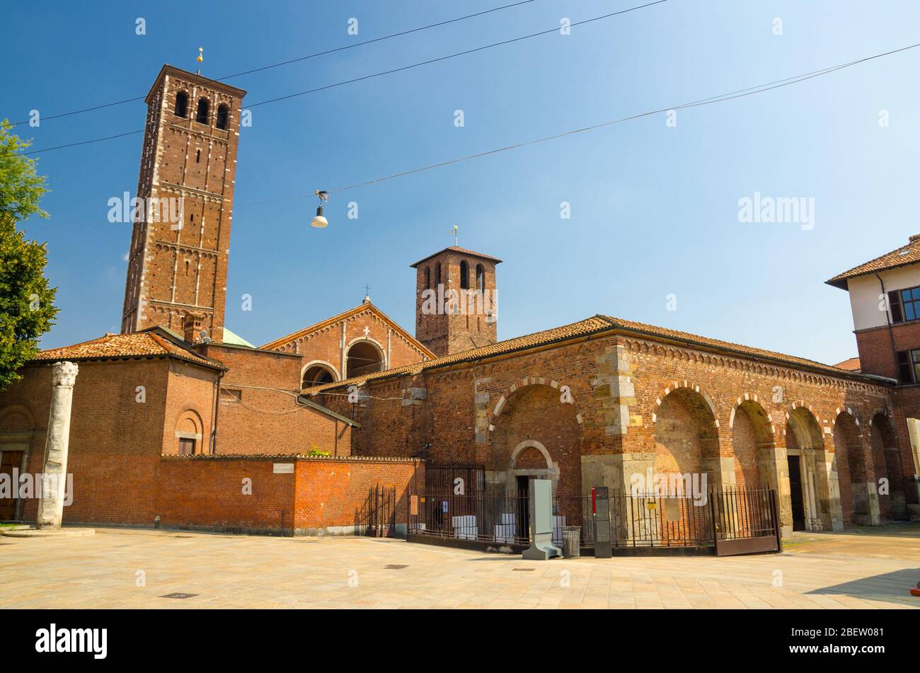 Basilica of Sant'Ambrogio church brick building with bell towers and ...