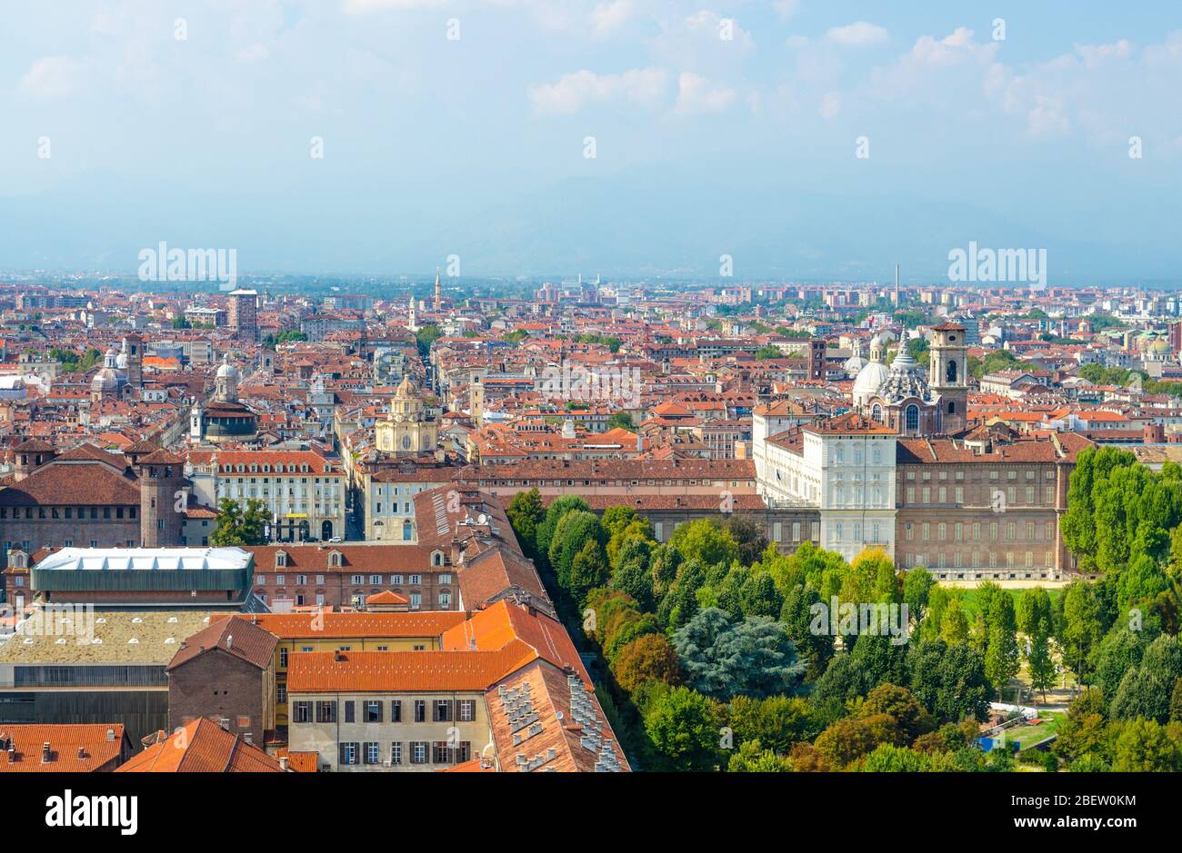 Aerial top panoramic view of Turin city historical centre with Royal ...